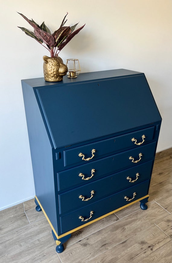 Queen Anne Writing Desk Queen Anne Bureau Navy Blue Desk Etsy UK