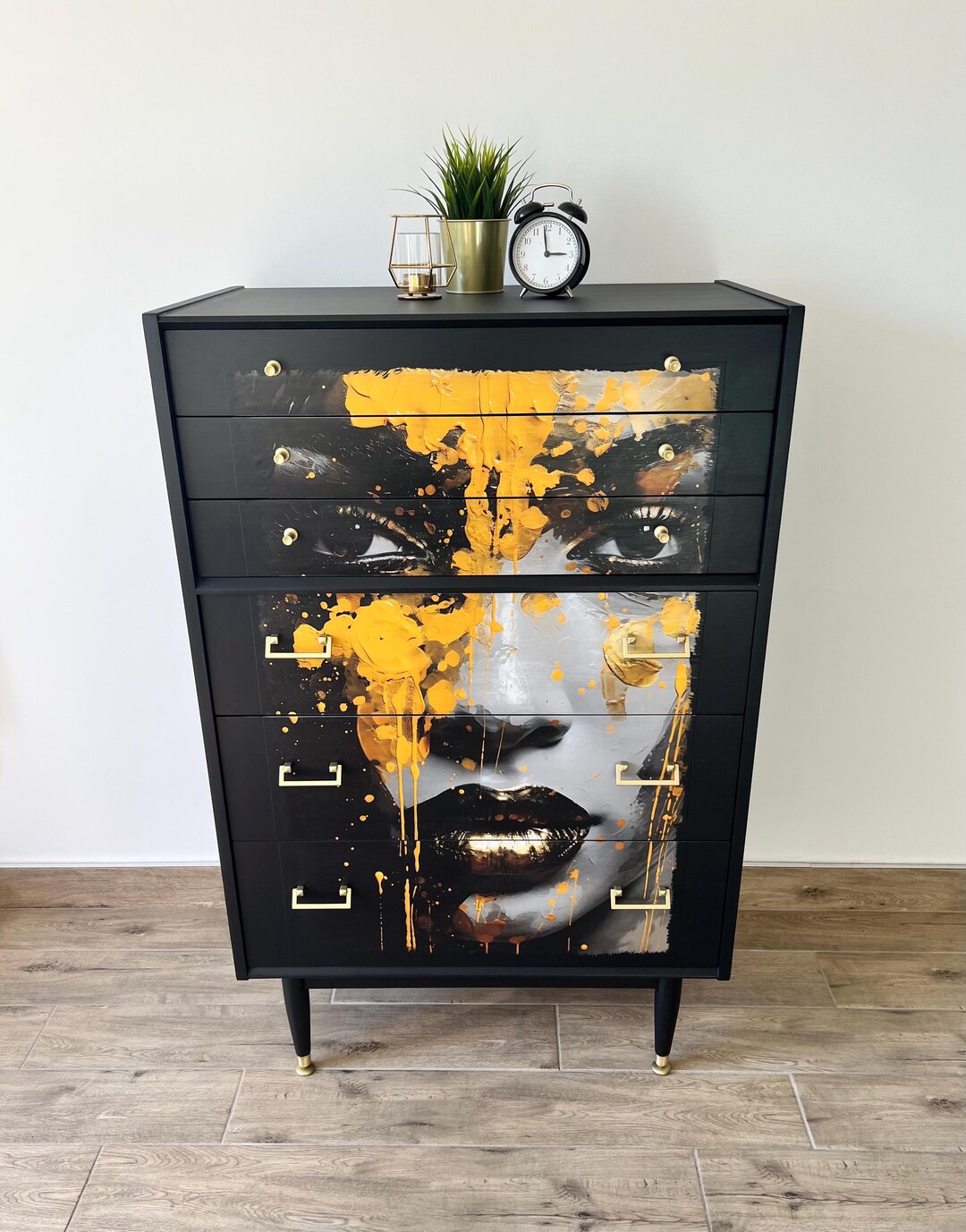 Nathan Mid Century Tallboy, Black Decoupage Chest of Drawers - Etsy