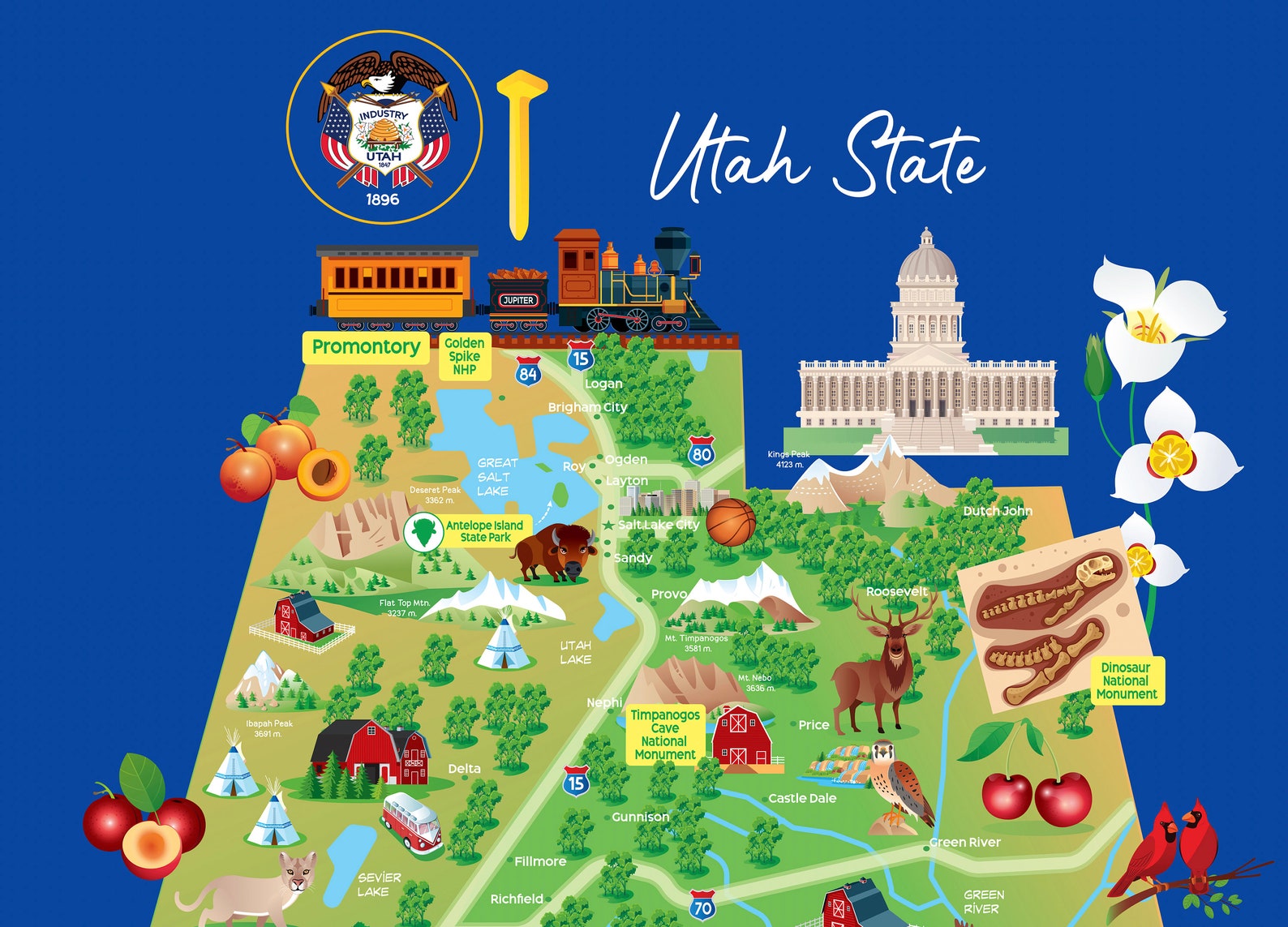 Cartoon Map of UTAH STATE - Etsy