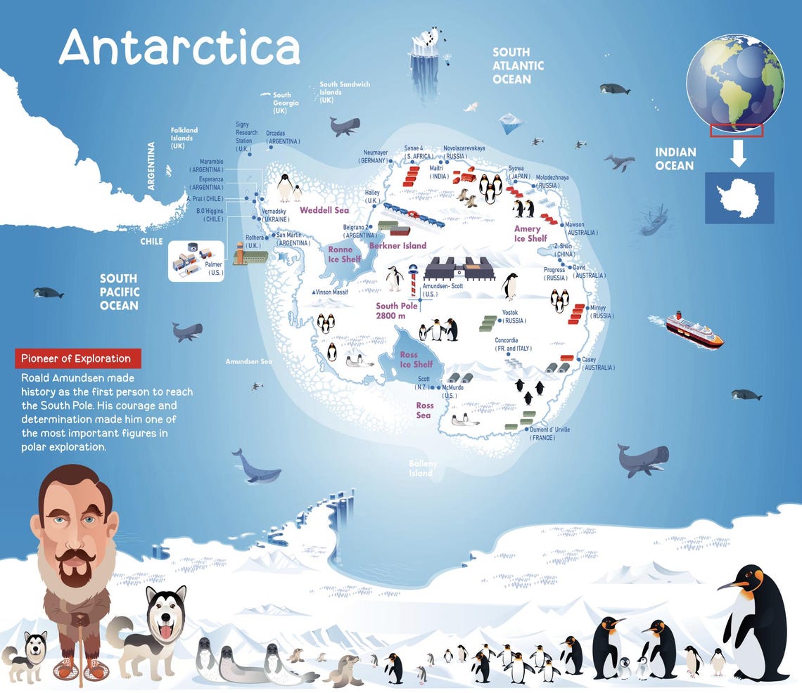 Antarctica Map, Stunning Antarctica Map Poster Featuring Roald Amundsen ...