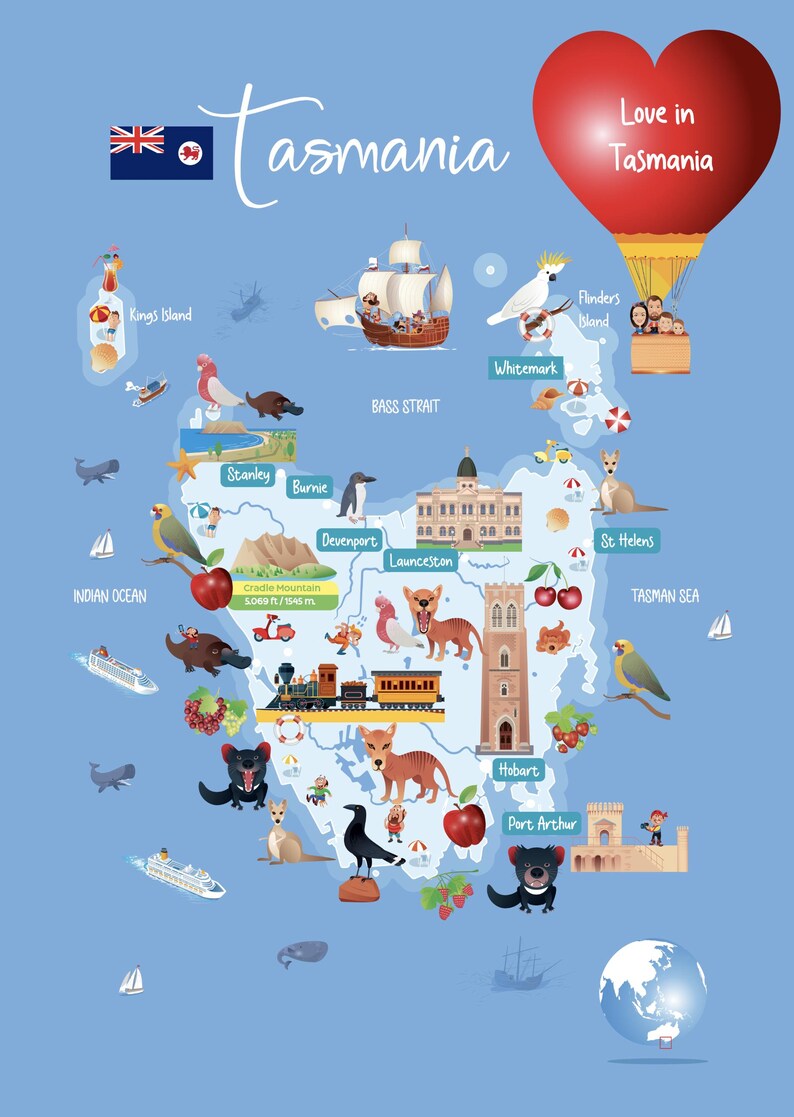 Tasmania Cartoon Map Poster: Balloon Travel Art (digital Download) - Etsy