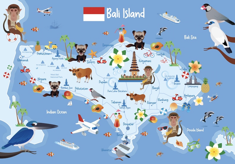 Bali Island Cartoon Map | Fun Bali Map With Landmarks & Animals | Mark ...