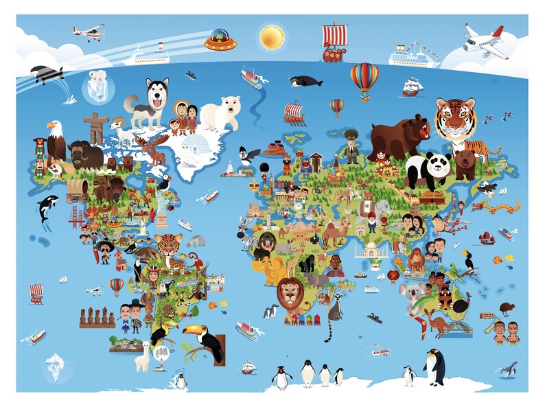 Cartoon Map of World, Digital Download, Cartoon Map of Animals - Etsy
