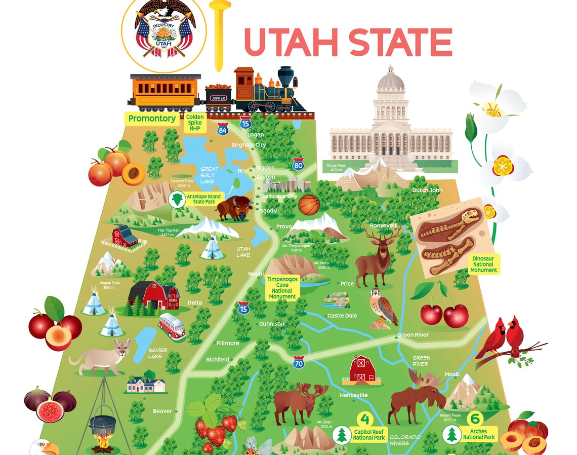 Cartoon Map of UTAH STATE - Etsy