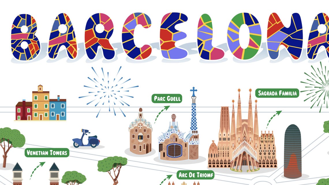 Barcelona Symbols Art Print | Catalonia Travel Poster (digital Download ...
