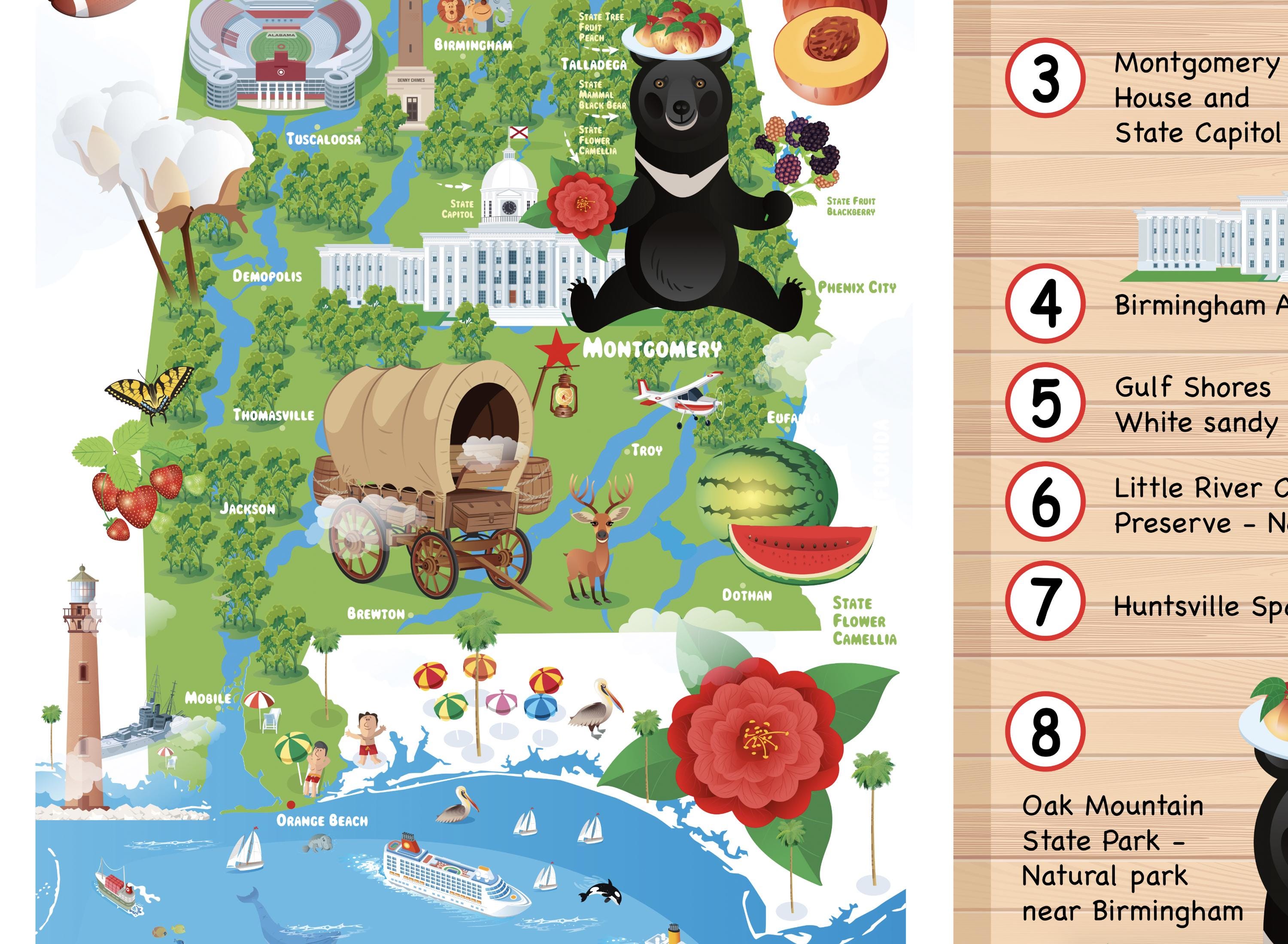 Travel Map of Alabama State, Cartoon Map of ALABAMA STATE - Etsy