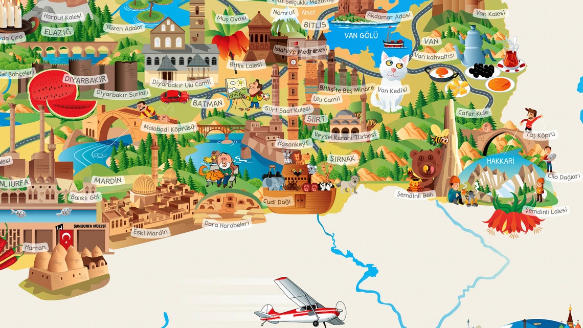 Turkey Cartoon Map Poster, Istanbul Cartoon Map Poster, Anatolia ...