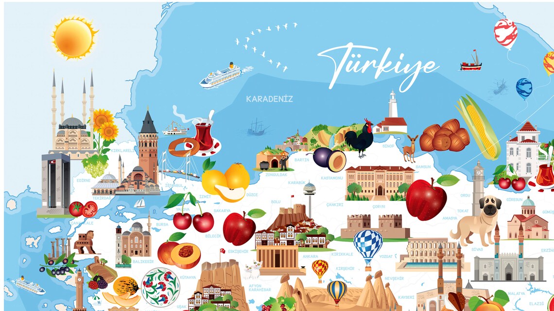Turkey Culture Map Poster, Turkey Cartoon Map Poster. - Etsy