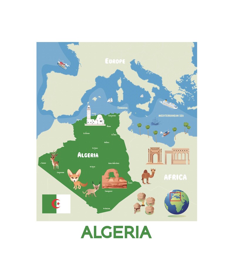 Algeria Cartoon Travel Map | Educational Country Art (digital Download ...