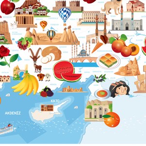 Turkey Cartoon Map Framed Poster, Istanbul Cartoon Map Poster, Anatolia ...