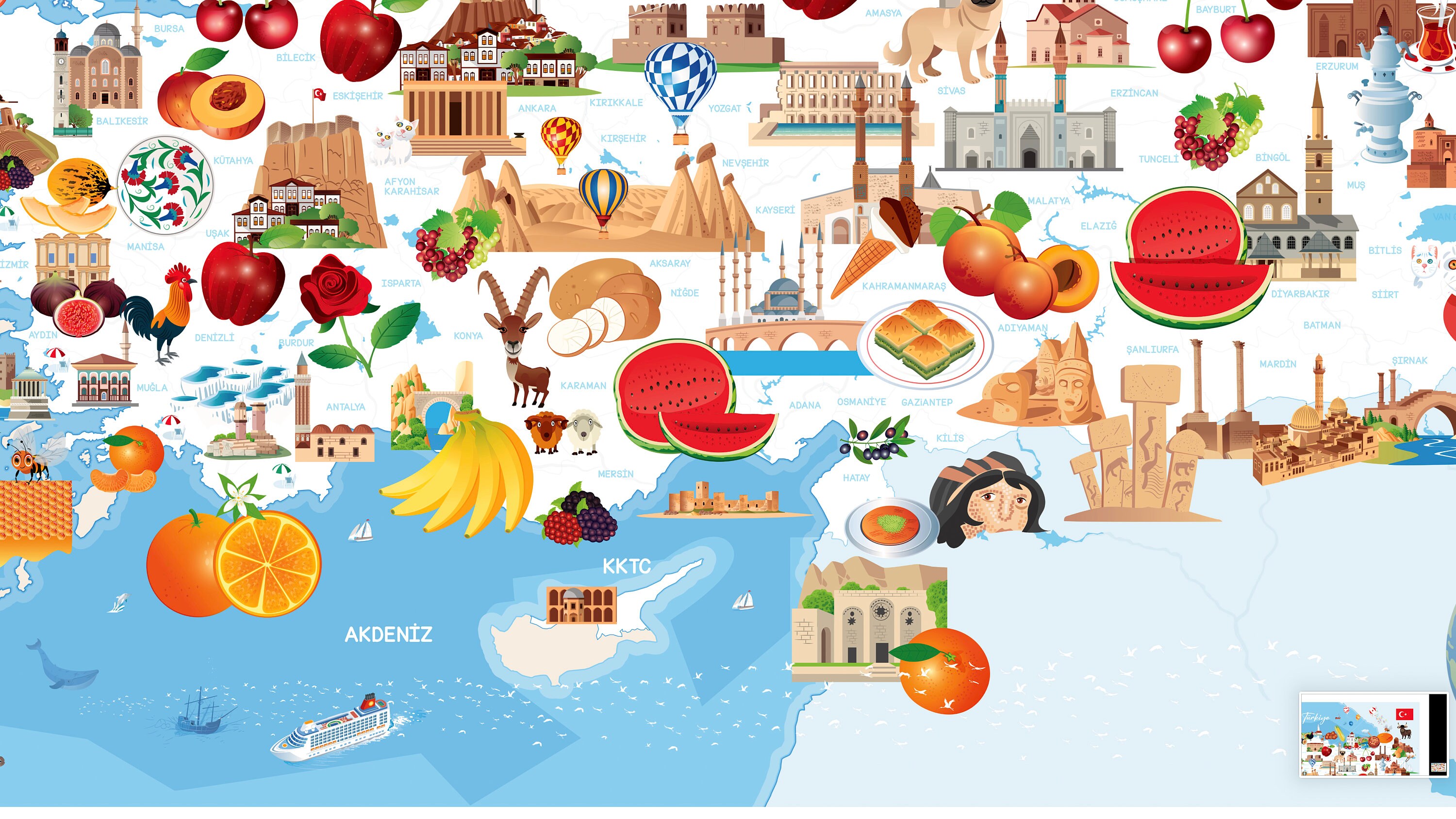 Turkey Cartoon Map Framed Poster, Istanbul Cartoon Map Poster, Anatolia ...