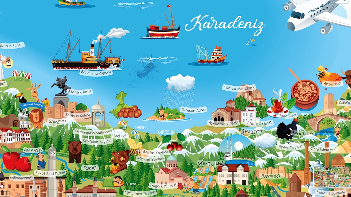 Turkey Cartoon Map Poster, Istanbul Cartoon Map Poster, Anatolia ...
