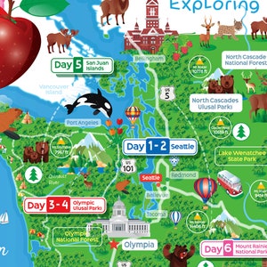 Illustrated Washington State Map With Wildlife & Landmarks ( Digital ...