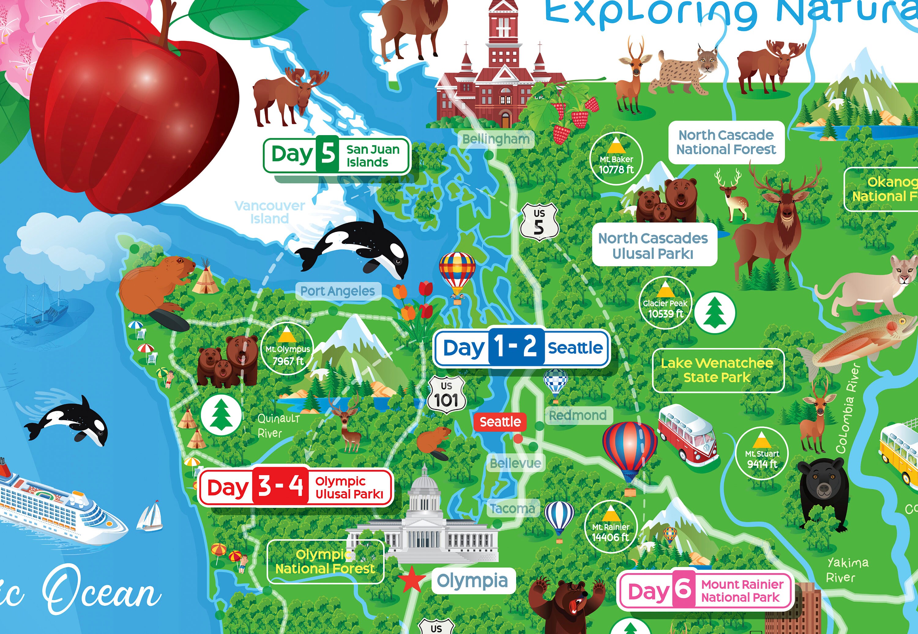 6-day Cartoon Travel Map of Washington State: From Seattle to the Hoh ...