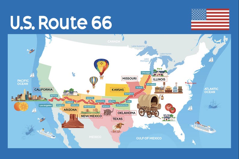 USA Route 66 Map Poster - Etsy