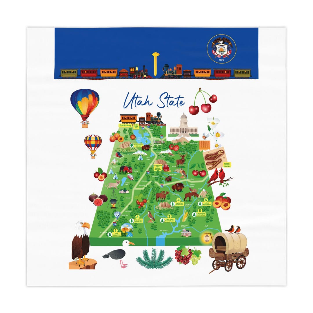 Utah State Cartoon Map Tablecloth Fun and Unique Utah State Map Design ...