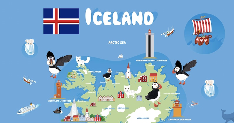 Iceland Cartoon Travel Map | Landmarks & Wildlife (digital Download) - Etsy