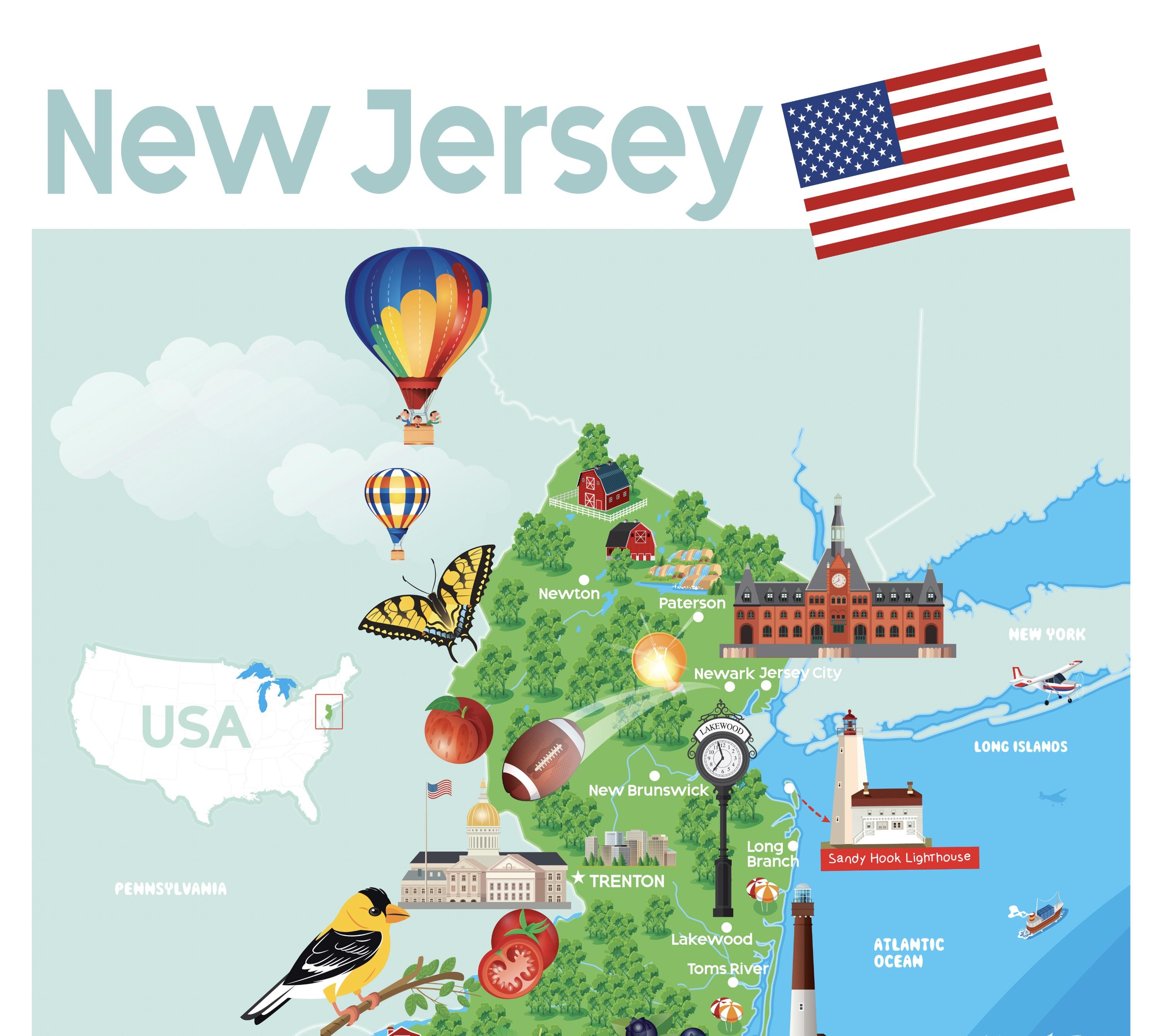 New Jersey Cartoon Map Poster Fun and Educational Digital Map, New ...