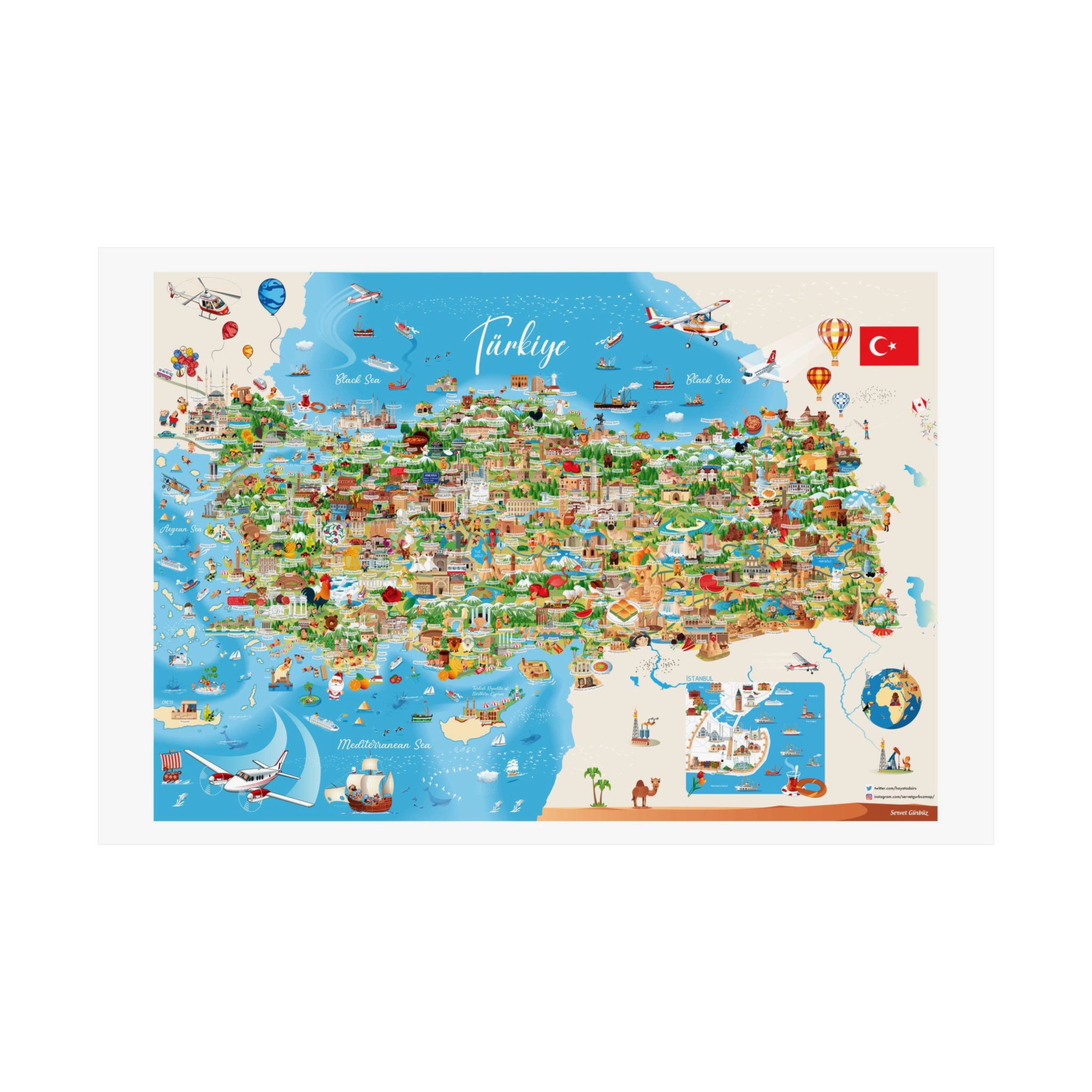 Turkey Cartoon Map Poster, Istanbul Cartoon Map Poster, Anatolia ...