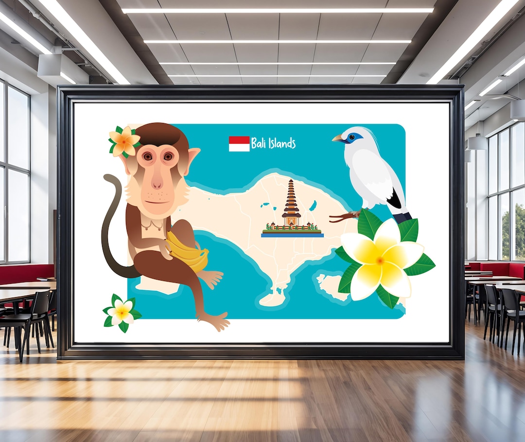 Bali Island Cartoon Map: Travel Landmarks & Animals (digital Download ...