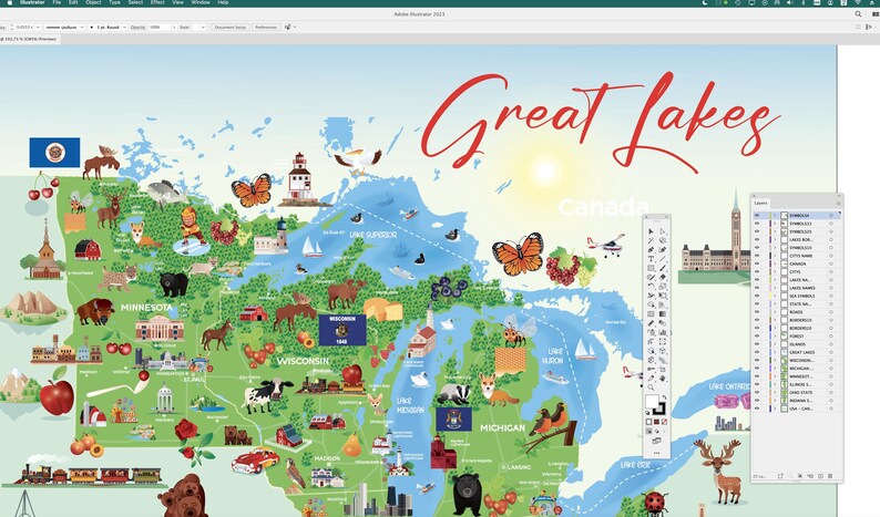 Great Lakes Cartoon Map – Michigan, Ohio, Indiana, Wisconsin, Illinois ...
