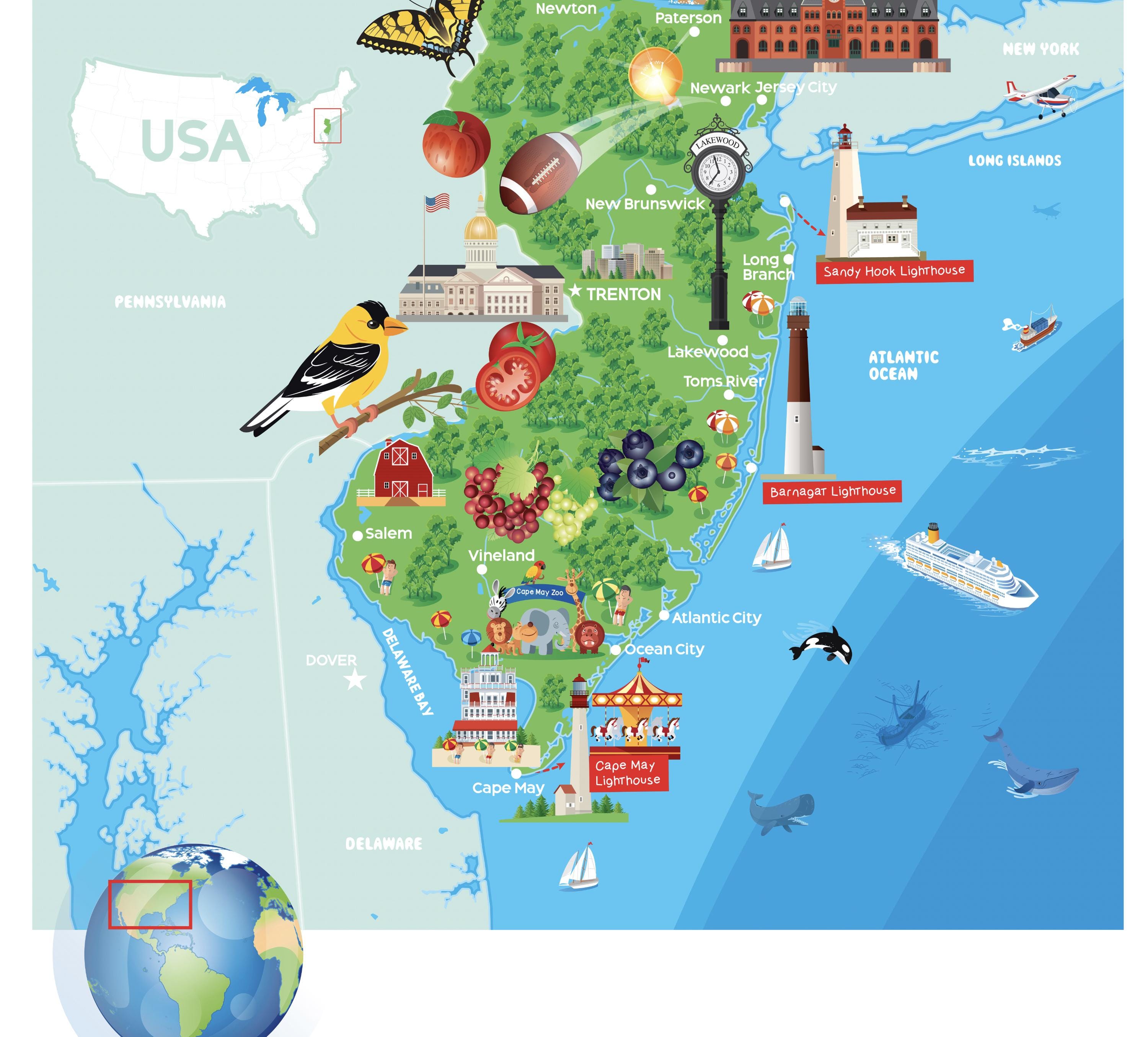 New Jersey Cartoon Map Poster Fun and Educational Digital Map, New ...