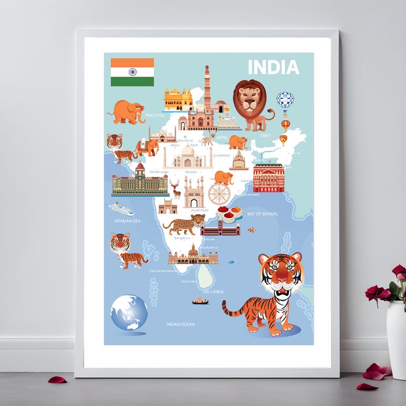 India Travel Map, Cartoon Map of India, Travel Map of India - Etsy Canada
