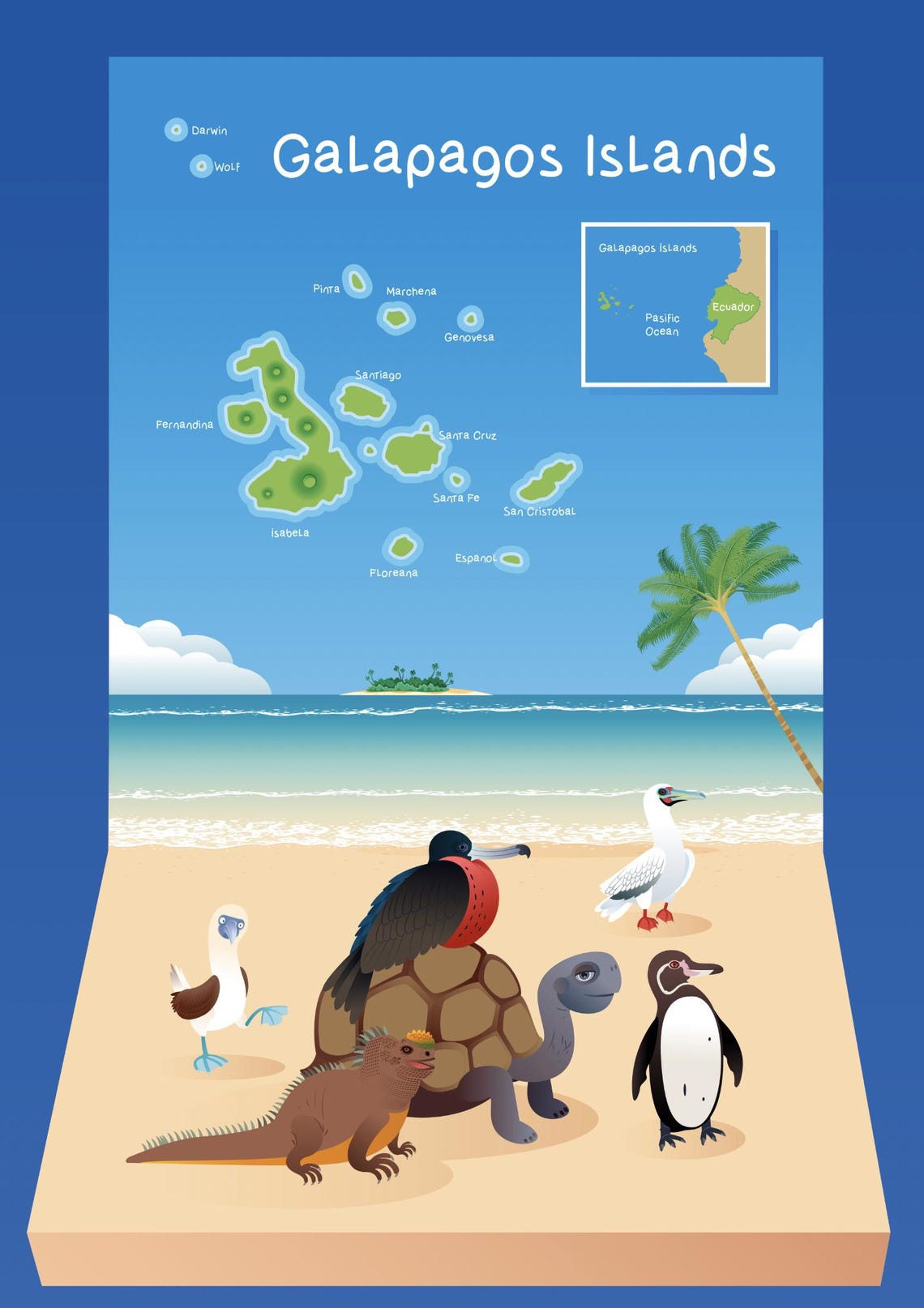 Galapagos Islands Animal Map Poster | Educational Wildlife Art (digital ...