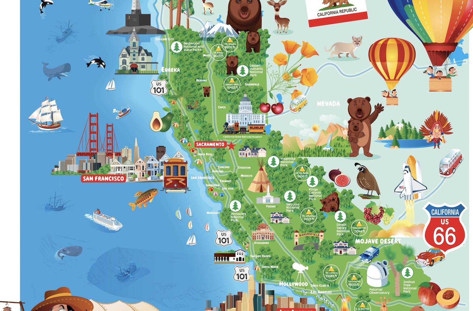 Travel Map of CALIFORNIA, Cartoon Map of CALIFORNIA, California ...
