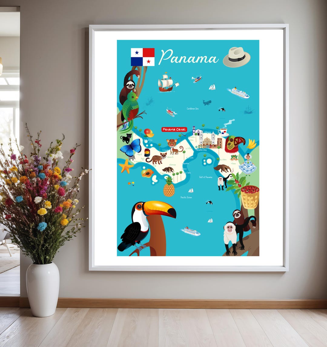 Panama Cartoon Map Poster: Animals, Fruits & Landmarks (digital ...