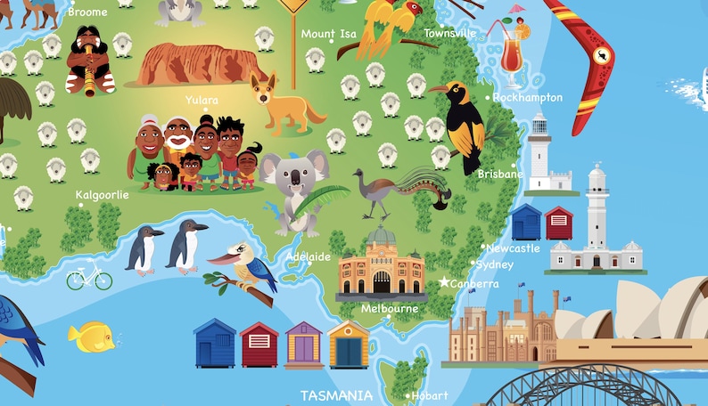 Cartoon Map of Australia, Map of Australia, Australia Map - Etsy