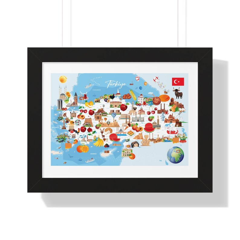 Turkey Cartoon Map Framed Poster, Istanbul Cartoon Map Poster, Anatolia ...