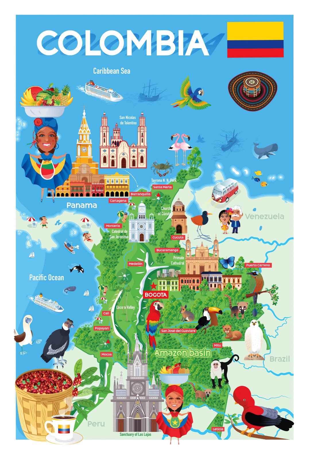 Map of Colombia Travel Map Poster - Etsy