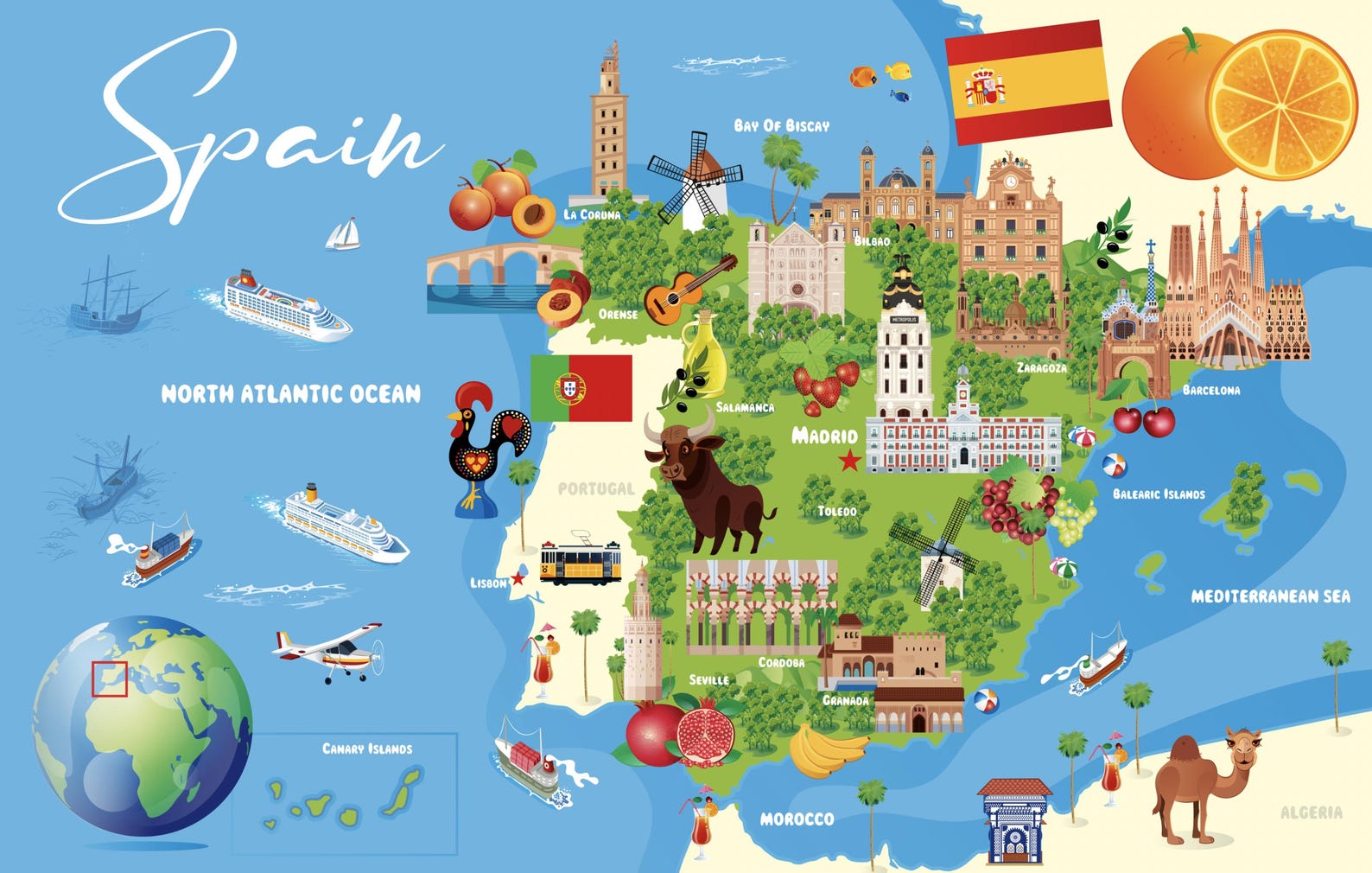 Spain Travel Map Print: Iberian Peninsula Wall Art (digital Download ...