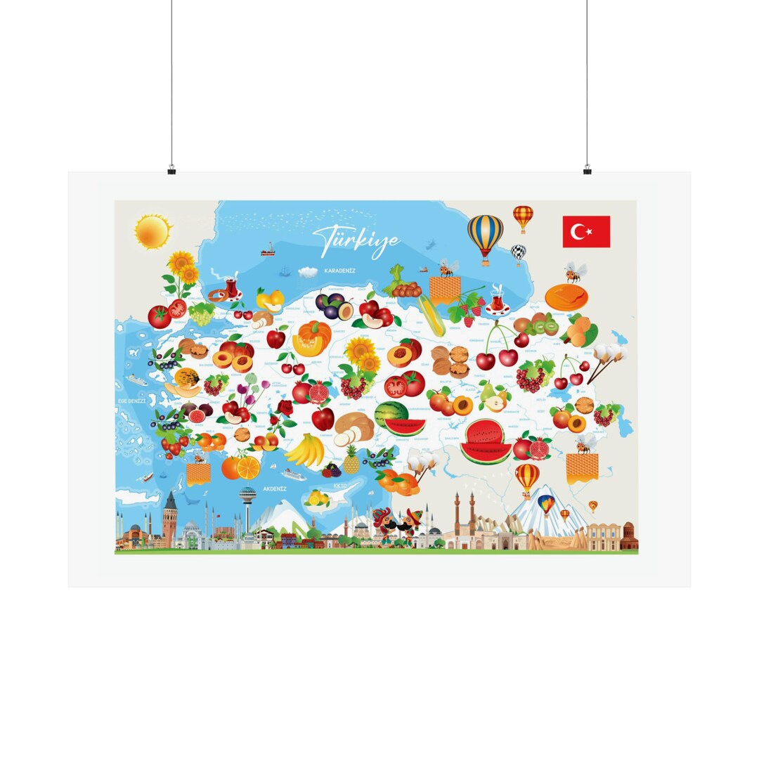 Turkey Cartoon Map Poster, Istanbul Cartoon Map Poster Matte Horizontal ...