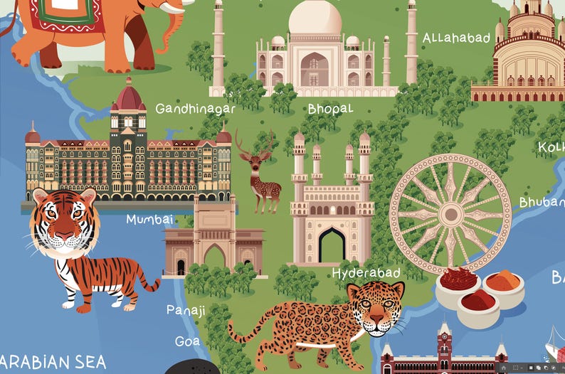 India Travel Map, Cartoon Map of India, Travel Map of India - Etsy