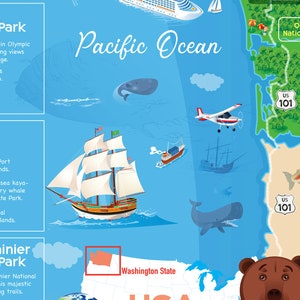 Illustrated Washington State Map With Wildlife & Landmarks ( Digital ...