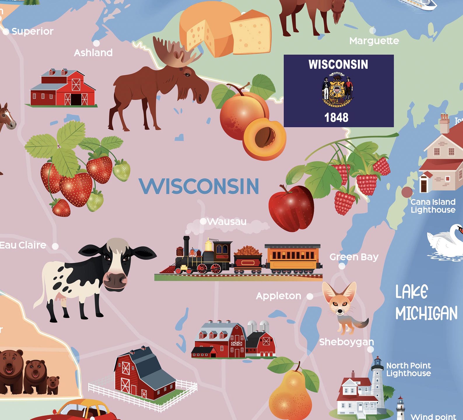 Lakes Cartoon Map Art Print | Midwest Travel Poster (digital Download ...