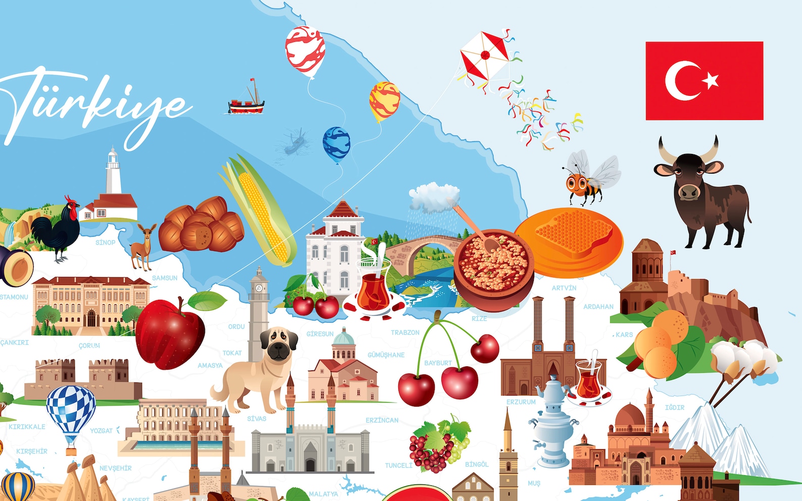 Turkey Cartoon Map Framed Poster, Istanbul Cartoon Map Poster, Anatolia ...