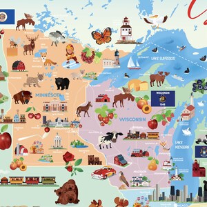 Lakes Cartoon Map Art Print | Midwest Travel Poster (digital Download ...