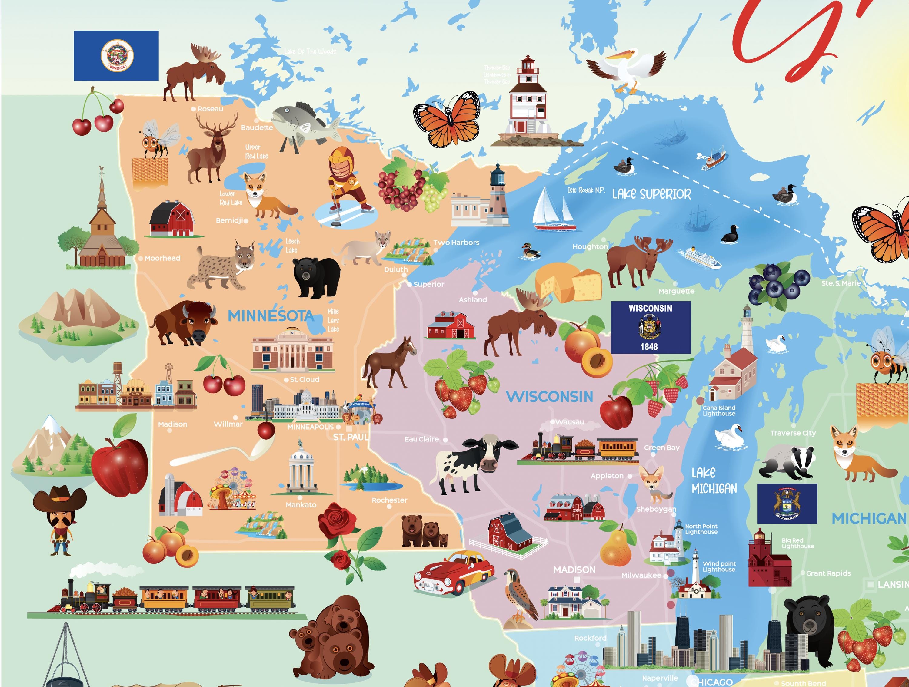 Lakes Cartoon Map Art Print | Midwest Travel Poster (digital Download ...