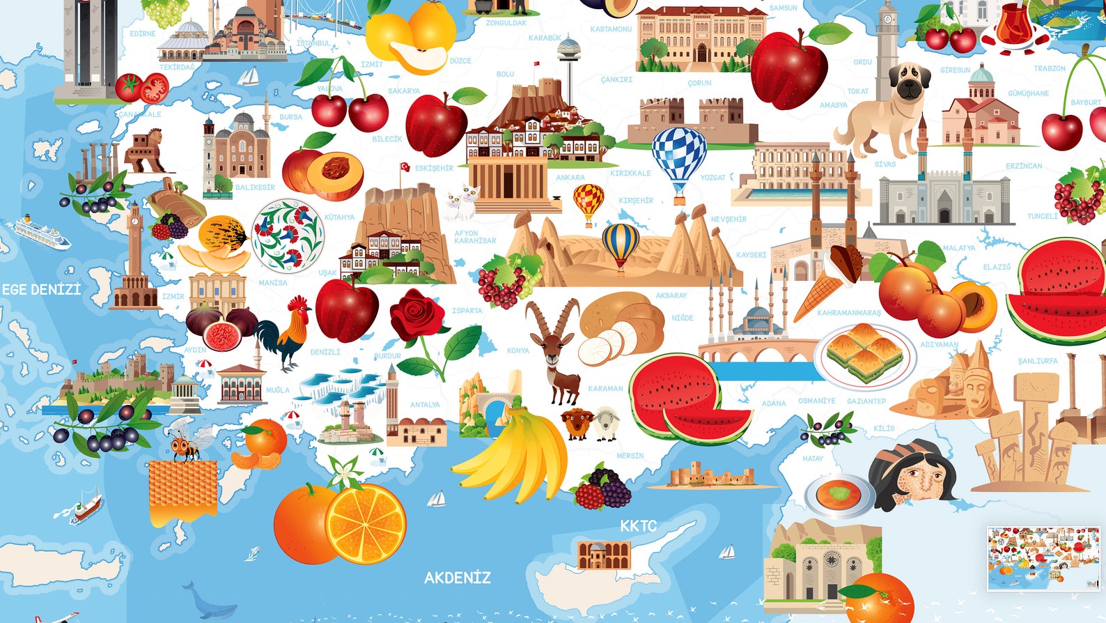 Turkey Cartoon Map Framed Poster, Istanbul Cartoon Map Poster, Anatolia ...