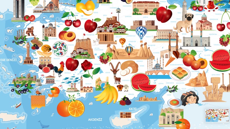 Turkey Cartoon Map Framed Poster, Istanbul Cartoon Map Poster, Anatolia ...