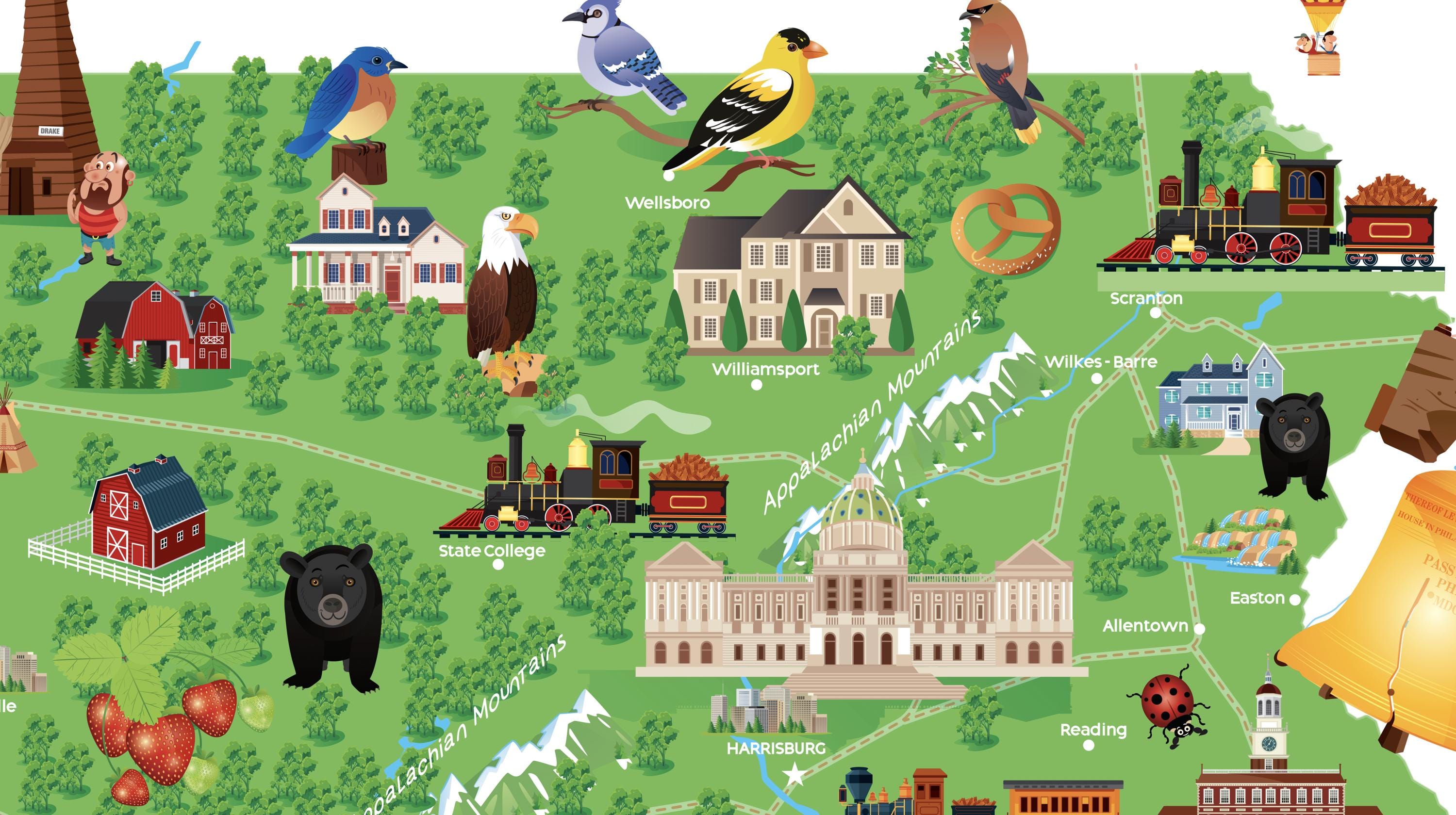 Cartoon Map of Pennsylvania Digital Download, Travel Map of ...