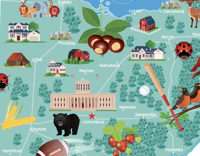 Cartoon Map of Ohio State Map Poster, Digital Download - Etsy