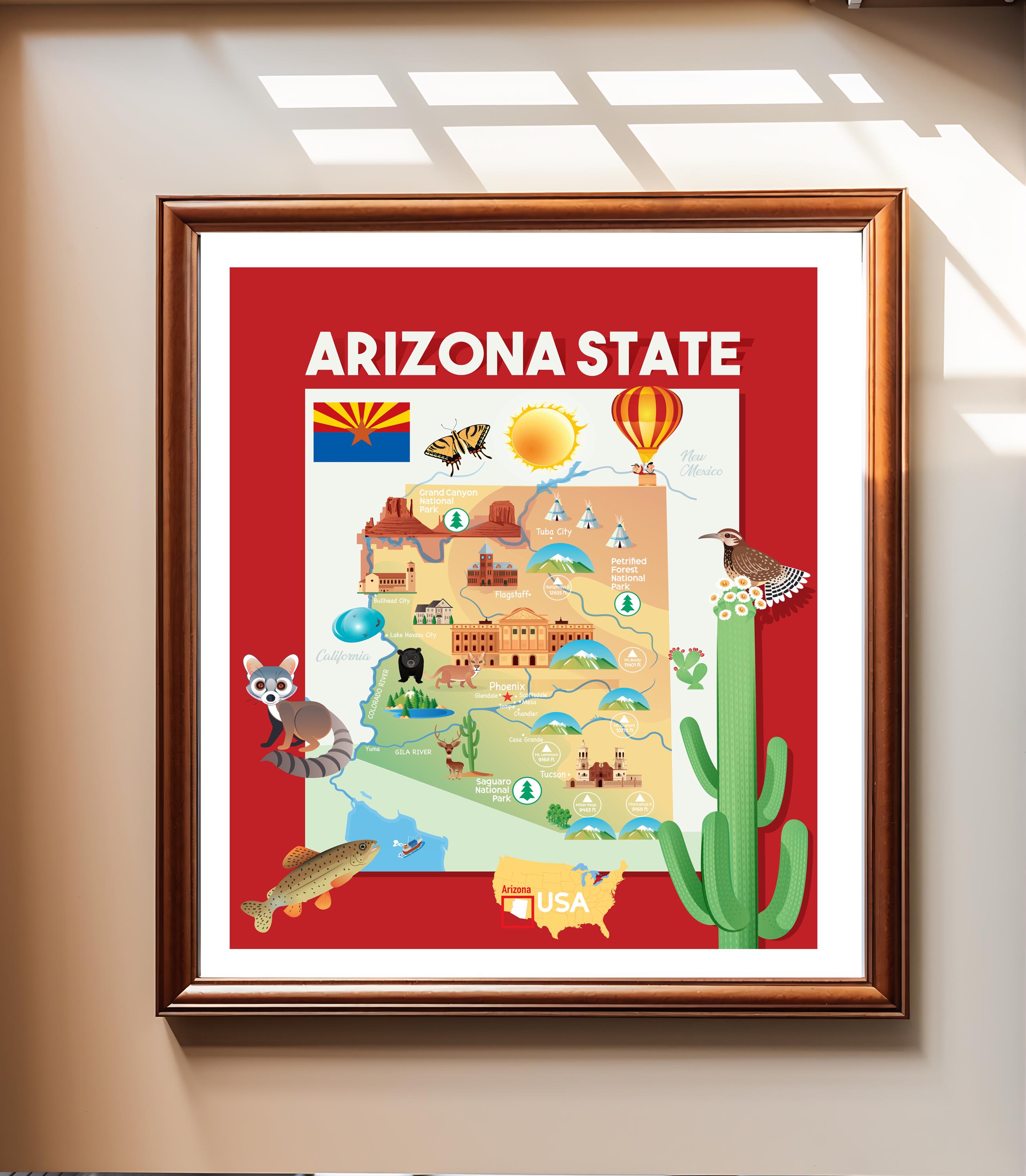 Arizona State Cartoon Map – Educational Kids Poster (digital Download ...