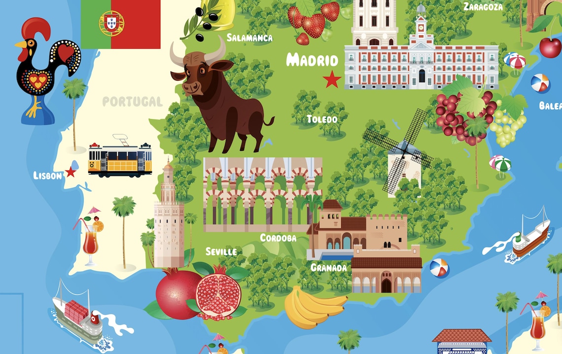 Spain Travel Map Print: Iberian Peninsula Wall Art (digital Download ...