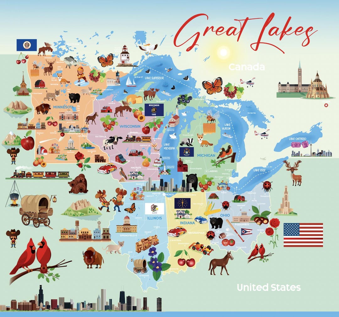 Lakes Cartoon Map Art Print | Midwest Travel Poster (digital Download ...