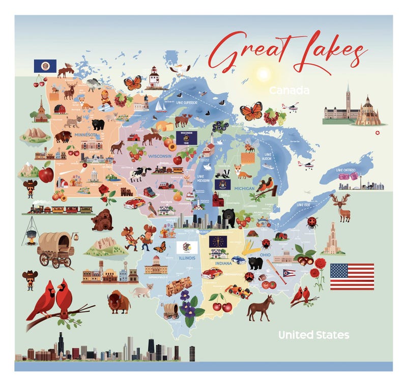 Cartoon Map of Great Lakes Maps - Etsy
