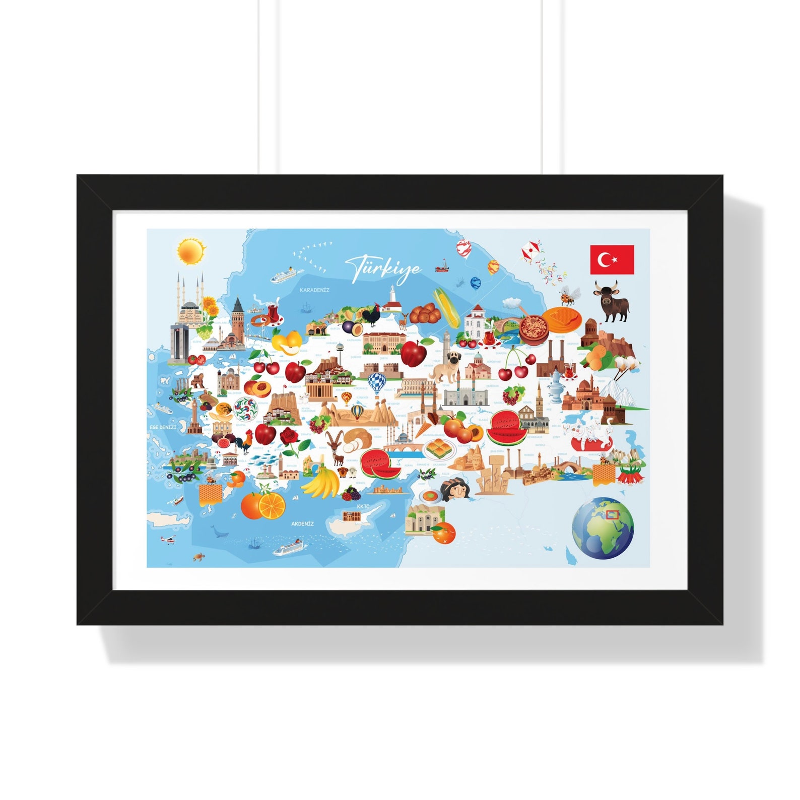 Turkey Cartoon Map Framed Poster, Istanbul Cartoon Map Poster, Anatolia ...